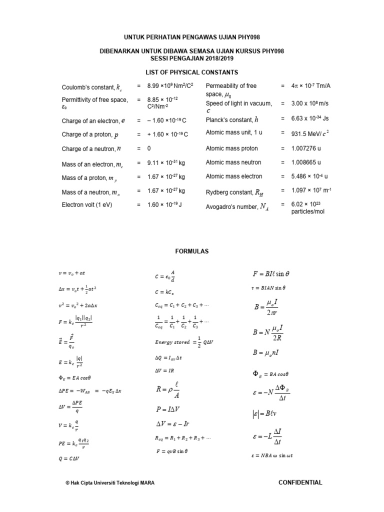 Formula PHY098 Sem 2 | PDF | Electronvolt | Electron