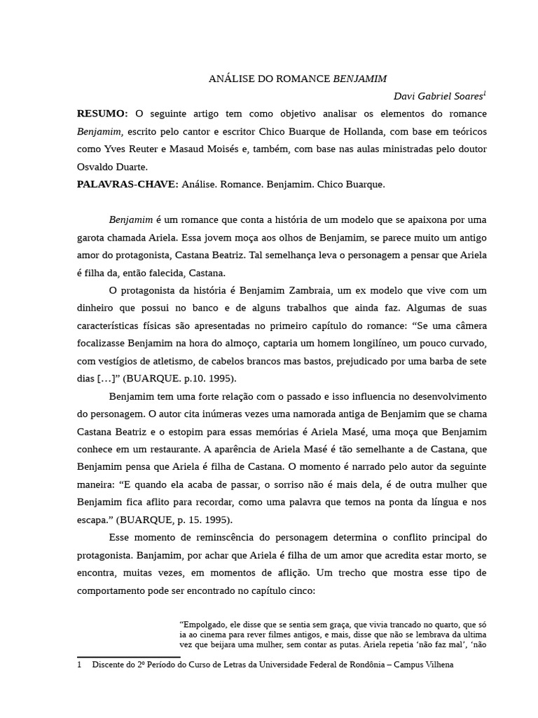 Análise Do Romance Benjamin (Roteiro) (Final II) | PDF | Narrativa | Amor