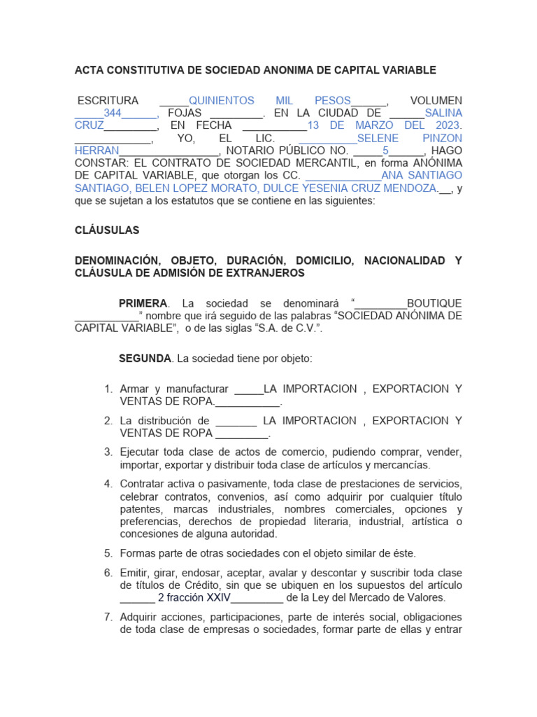Acta Constitutiva | Descargar gratis PDF | Sociedad de responsabilidad limitada | Compartir ...