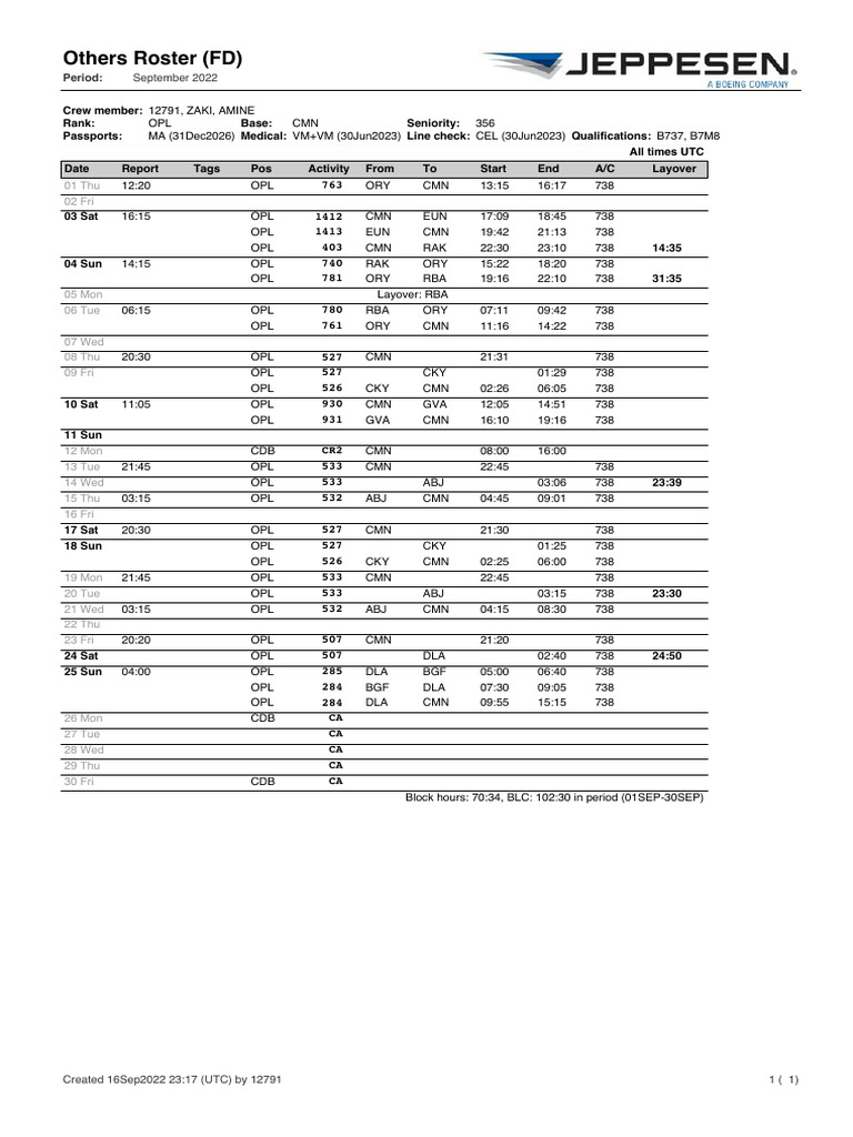 September 2022 Flight Roster OPL | PDF
