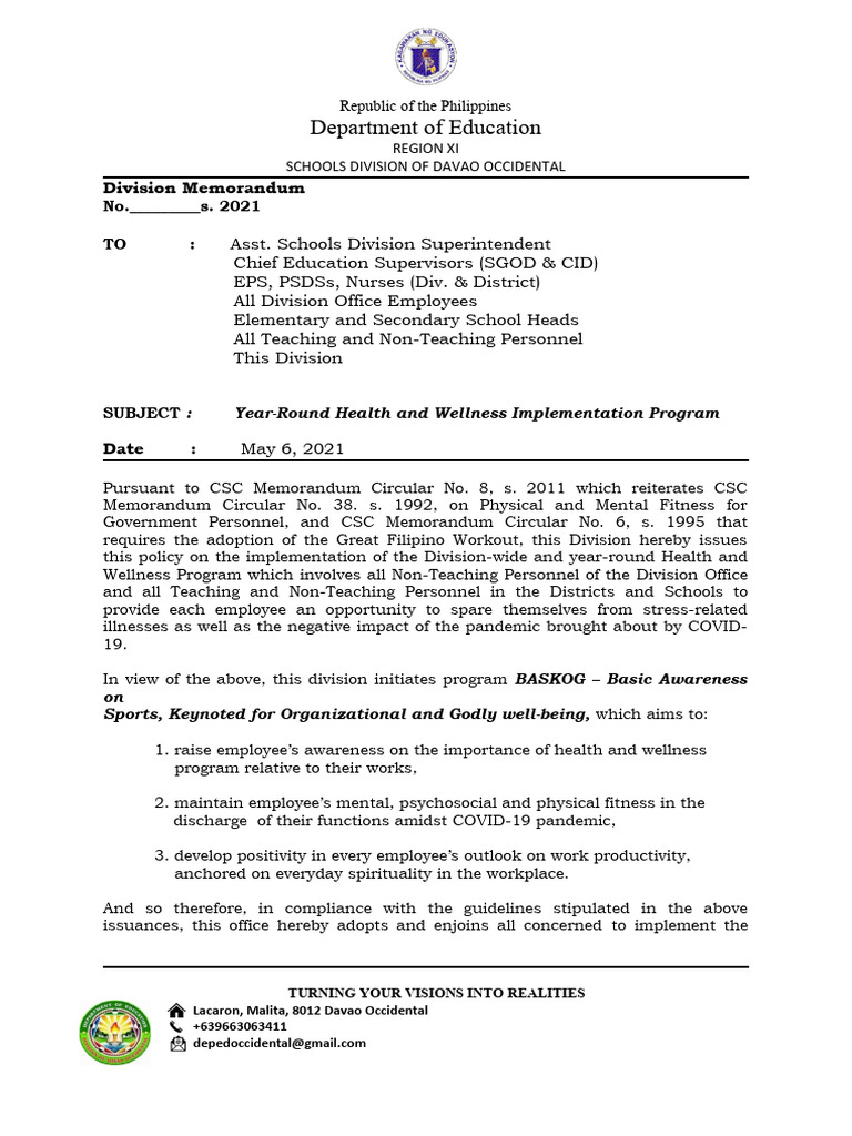 Div Memo On Wellness Program and Policies | PDF | Health Care
