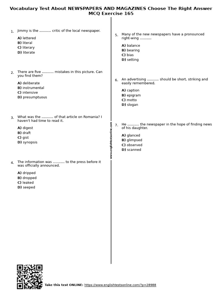 Newspaper & Magazine Vocabulary Quiz | PDF | Newspapers | Communication