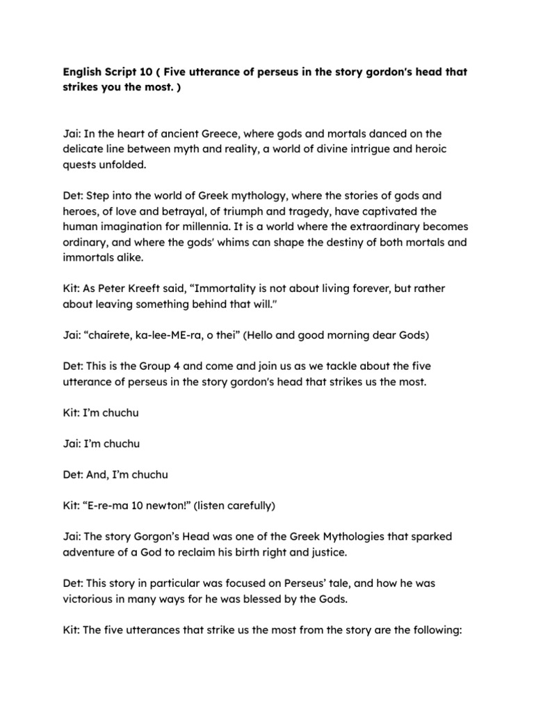 English Script 10 (Five Utterance of Perseus in The Story Gordon's Head That Strikes You The ...