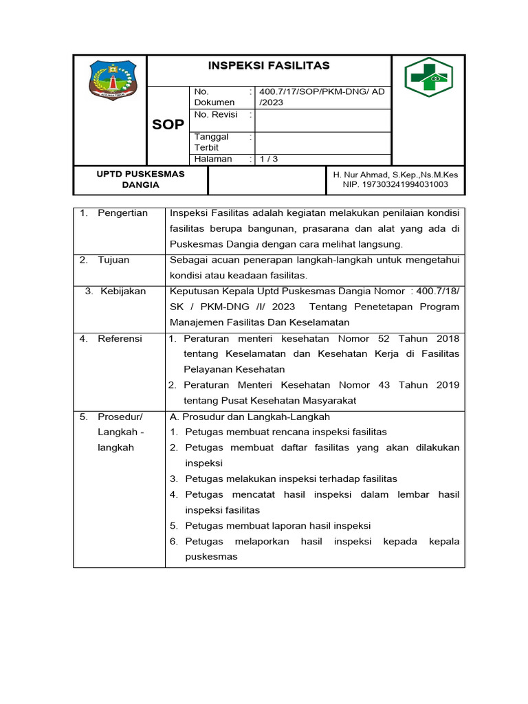 SOP Infeksi Fasilitas | PDF