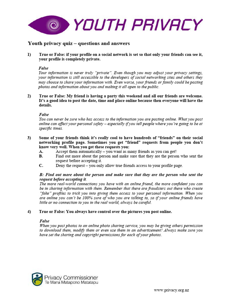 Youth Quiz Questions and Answers | PDF | Privacy | Internet