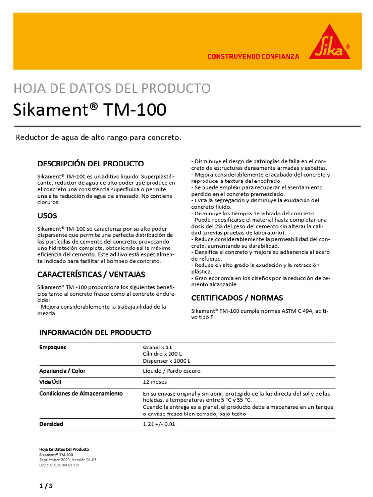 Sikament tm-100 | PDF | Hormigón | Materiales