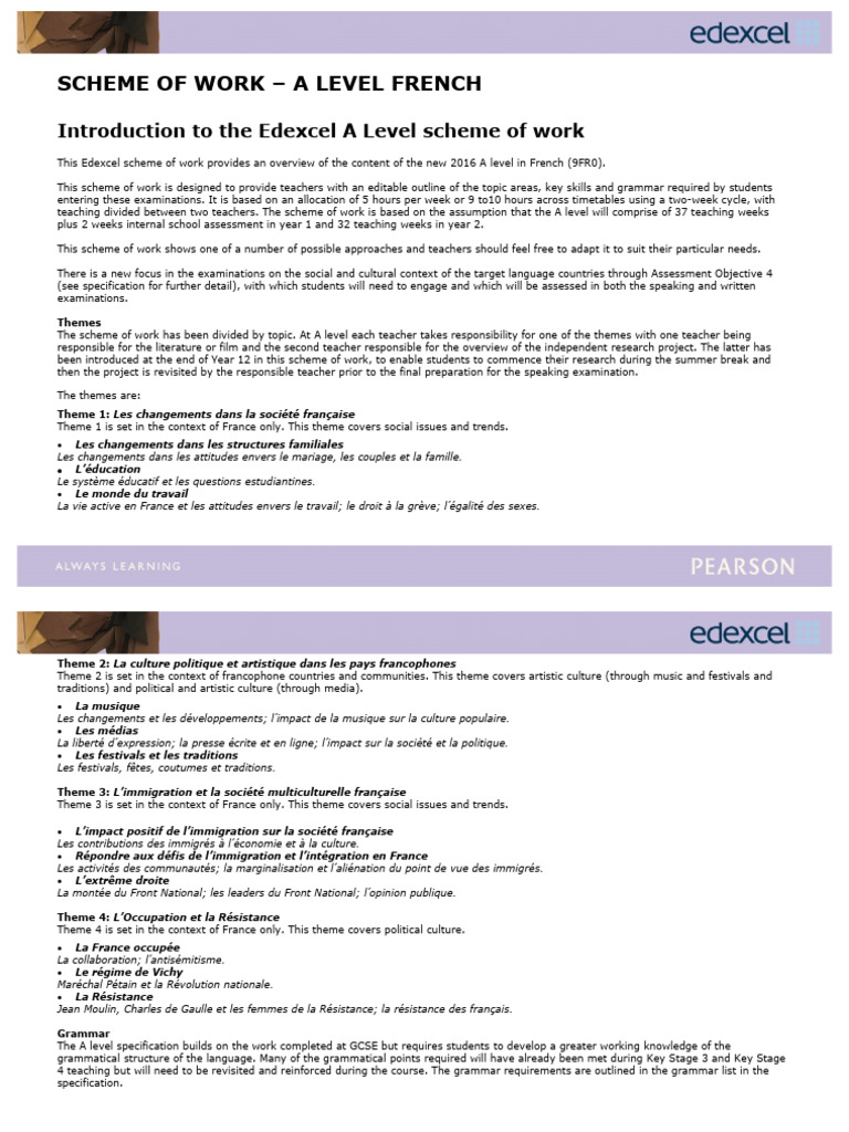 Scheme of Work A Level French | PDF | Verb | Grammatical Tense