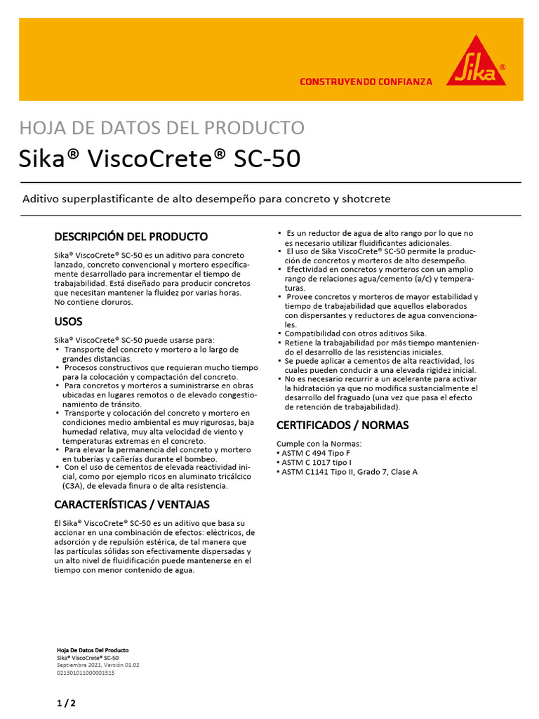 Sika Viscocrete sc-50 | PDF | Hormigón | Materiales