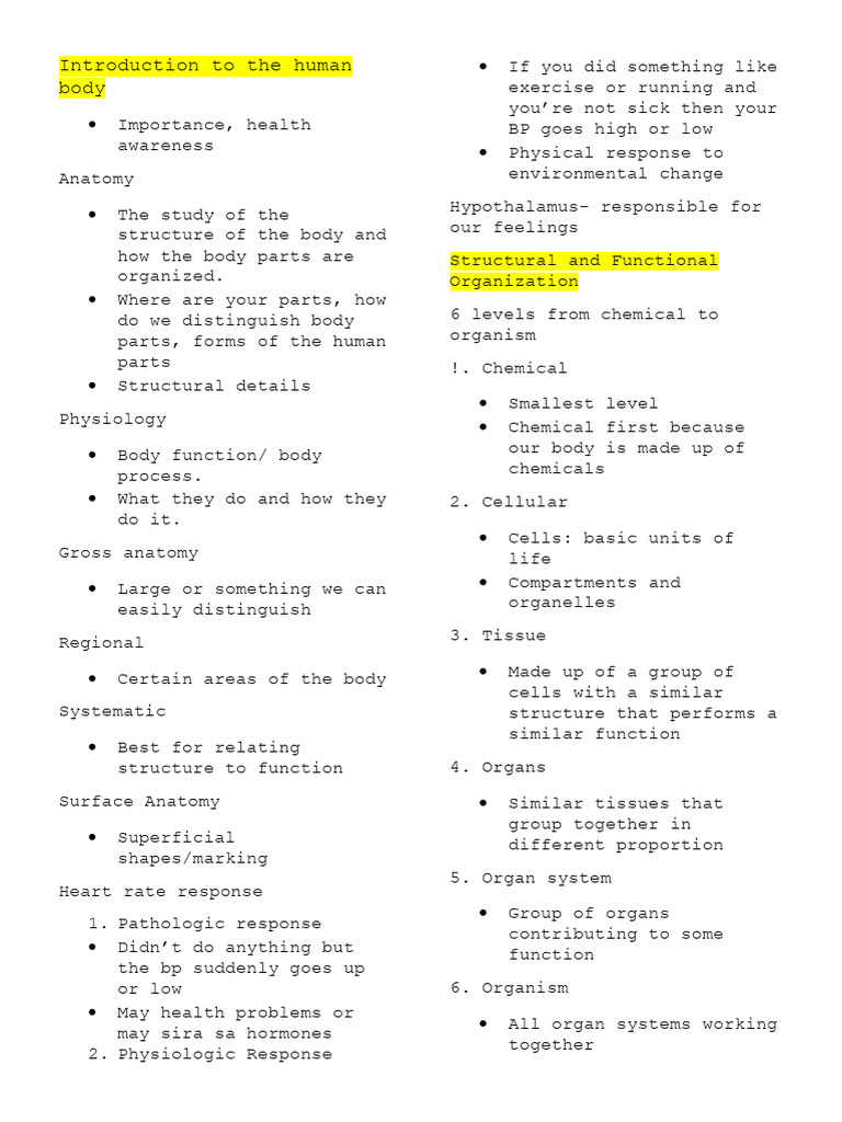 Introduction To The Human Body | PDF | Human Body | Anatomical Terms Of ...