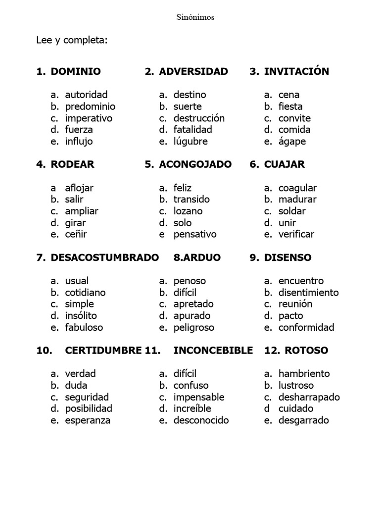 Sinónimos Ejercicios para Quinto de Primaria | PDF