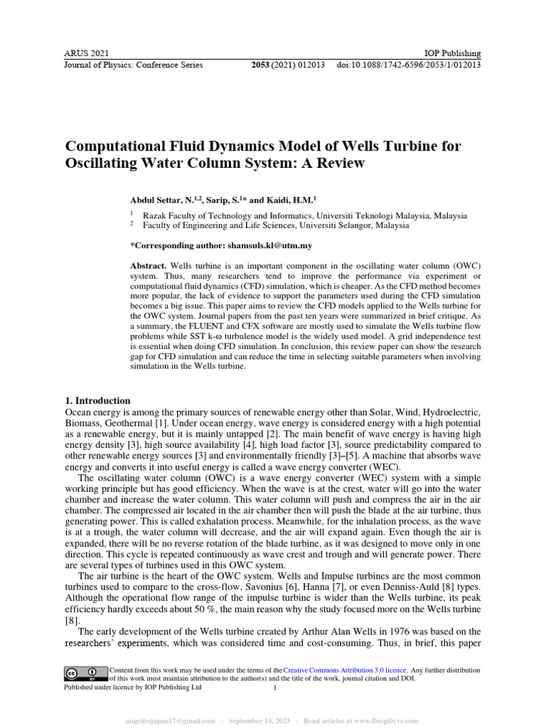 Computational Fluid Dynamics Model of Wells Turbine For Oscillating | PDF | Computational Fluid ...