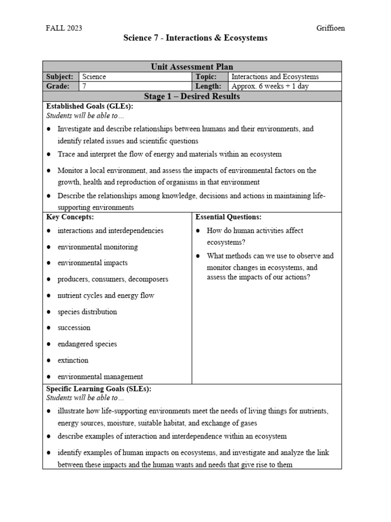 Interactions Ecosystems Unit Assessment Plan | PDF | Ecosystem ...