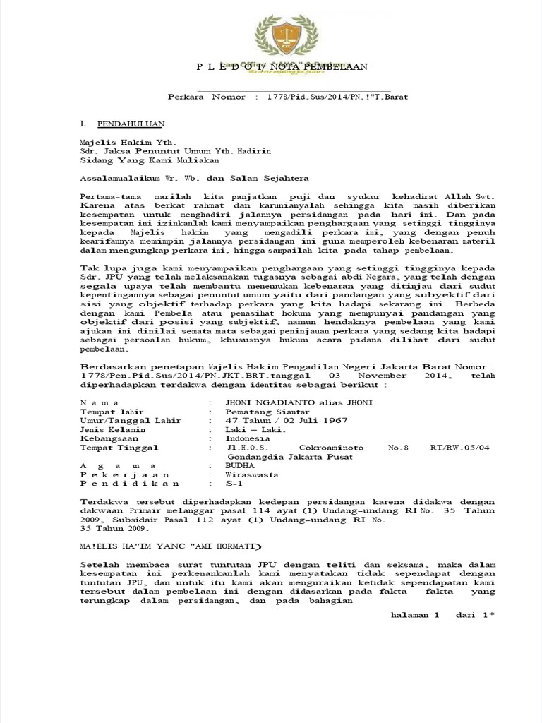 PDF Contoh Pledoi Perkara Narkoba | PDF