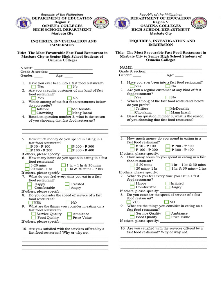 Survey Questionnaire | PDF | Fast Food | Restaurants