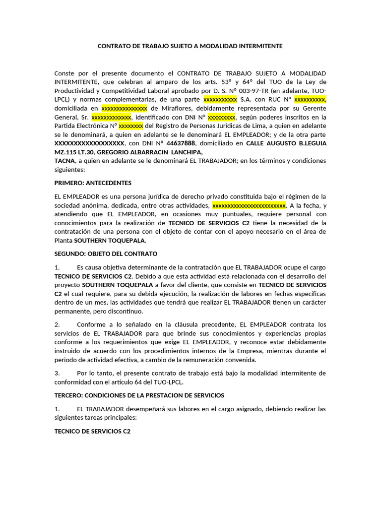 Contrato de Trabajo Sujeto A Modalidad Intermitente 1 | PDF | Derecho laboral | Salario