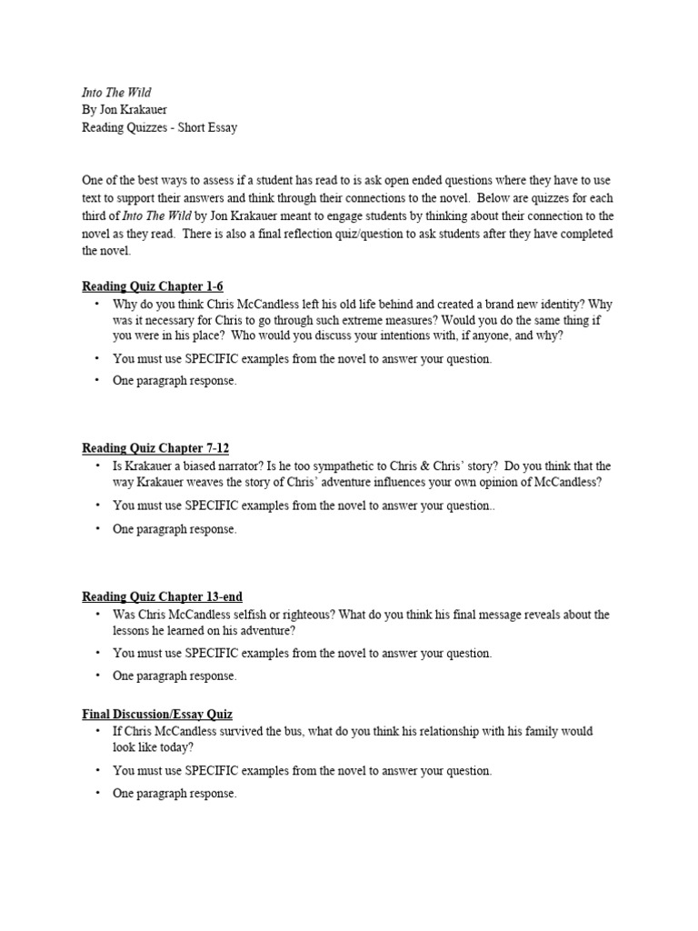 Into the Wild Reading Quizzes & Essays | PDF