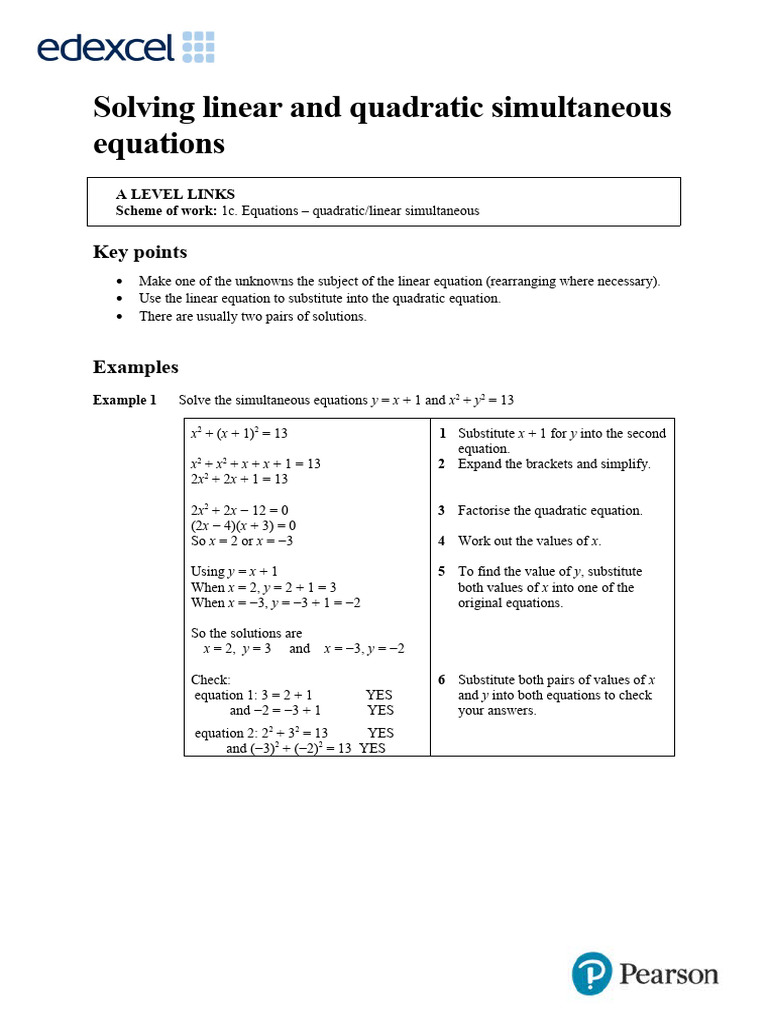 A-Level Simultaneous Equations Guide | PDF | Equations | Quadratic Equation
