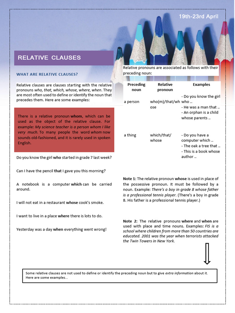 RELATIVE CLAUSES 9th Grade | PDF | Pronoun | Clause