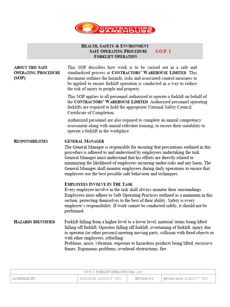 SOP 1 Forklift Operation | PDF | Forklift | Safety