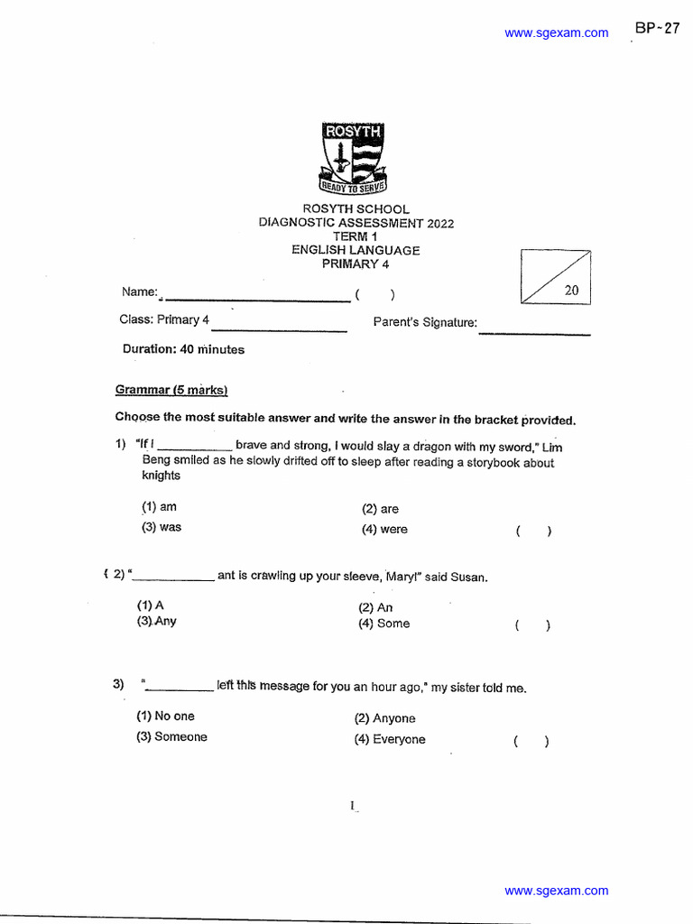 2022-P4-English-Weighted Assessment 1-Rosyth | PDF