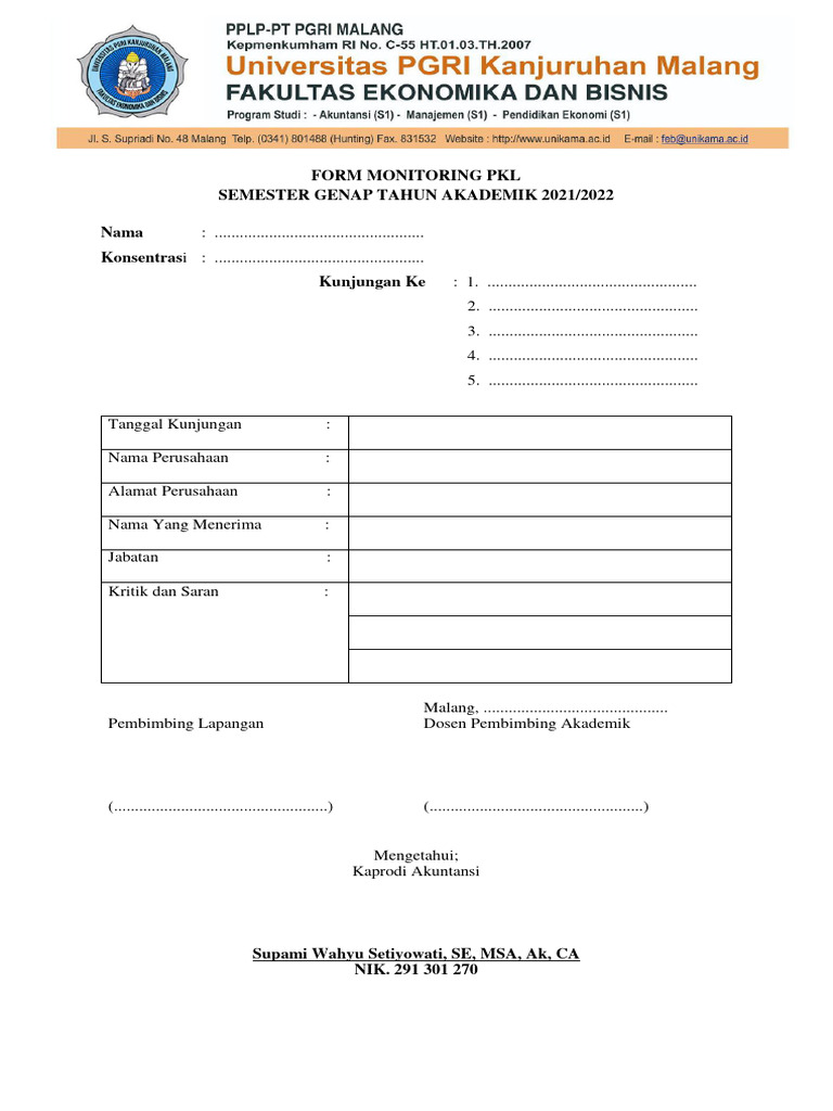 Form Monitoring PKL Akuntansi | PDF