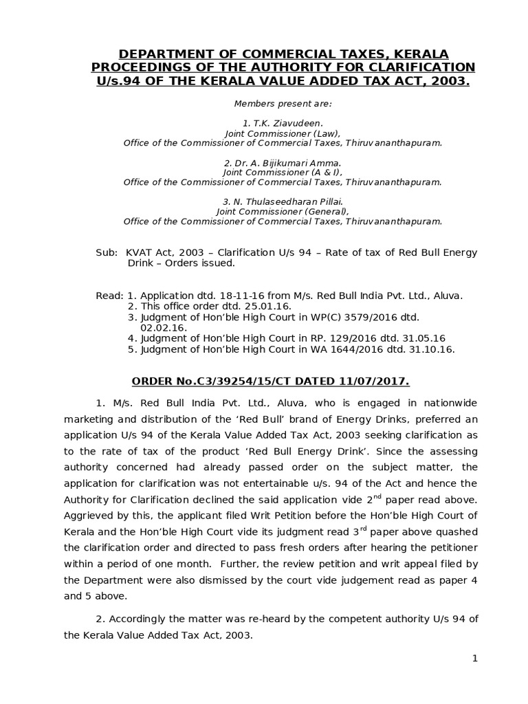 Department of Commercial Taxes, Kerala Proceedings of The Authority For ...