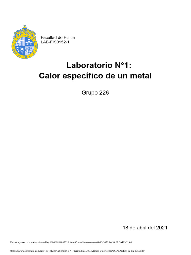 Laboratorio N 1 Termodin Mica Calor Espec Fico de Un Metal PDF | PDF | Calor | Temperatura