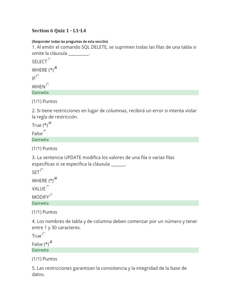 Section 6 Quiz 1 - L1-L4 Prueba1 | PDF | SQL | Gestión de datos