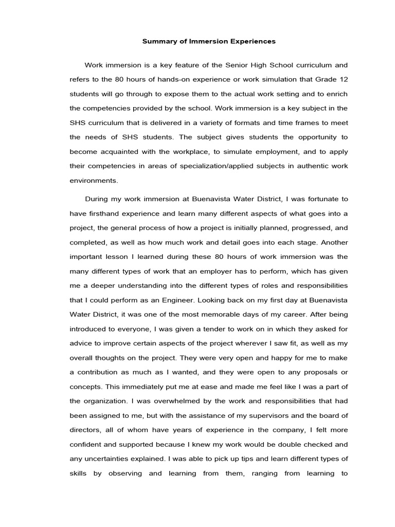 Reflection on Work Immersion | PDF | Experience | Simulation