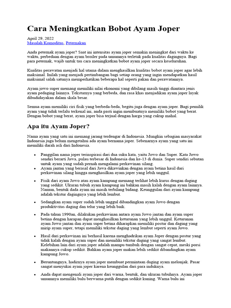 Cara Meningkatkan Bobot Ayam Joper | PDF