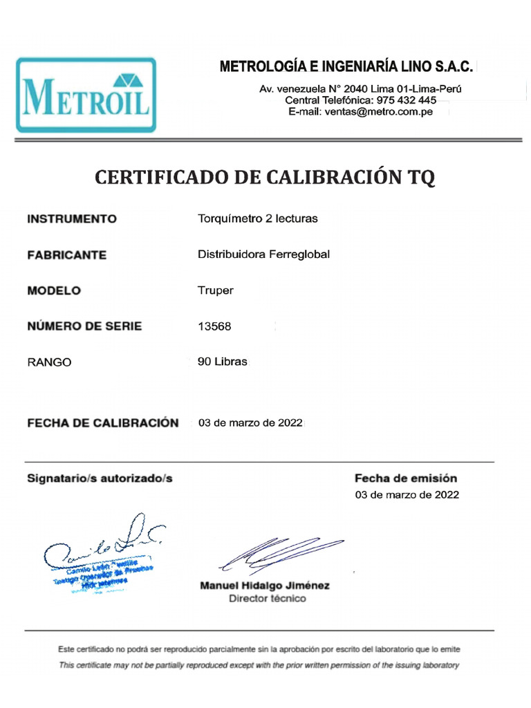 Certificado de Torquimetro | PDF