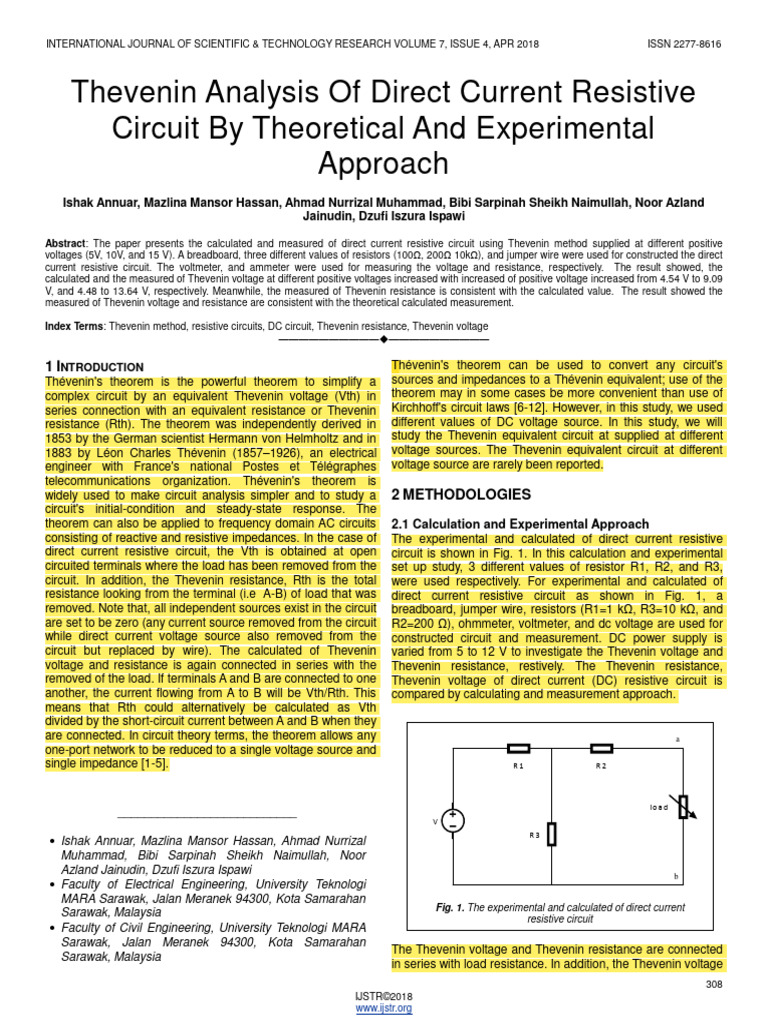 Thevenin Analysis of Direct Current Resistive Circuit by Theoretical ... Thevenin Analysis of Direct Current Resistive Circuit by Theoretical ...