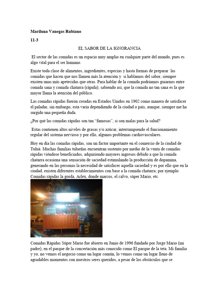 Ensayo Comidas rápidas súper Mario | PDF | Alimentos | Comida chatarra