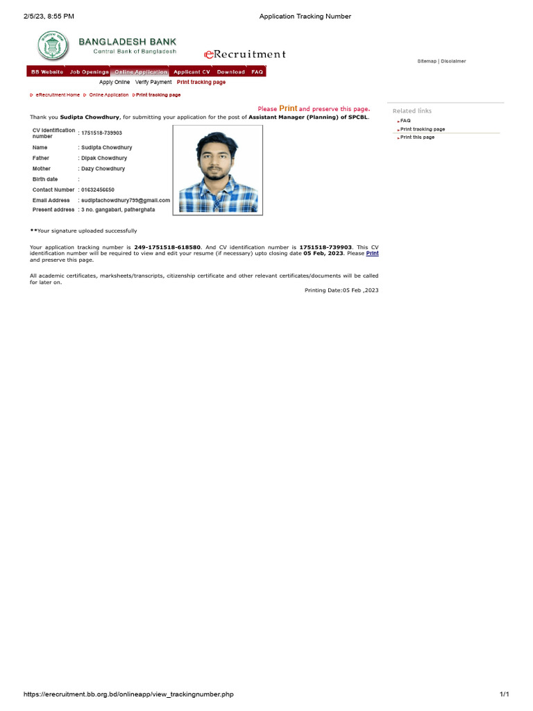 Bangladesh Bank Application Tracking Number | PDF