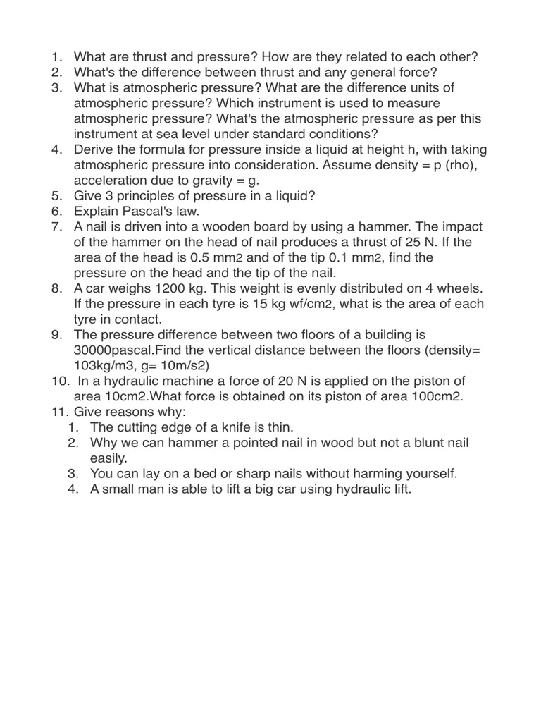 Thrust and Pressure Concepts for Class 9 | PDF