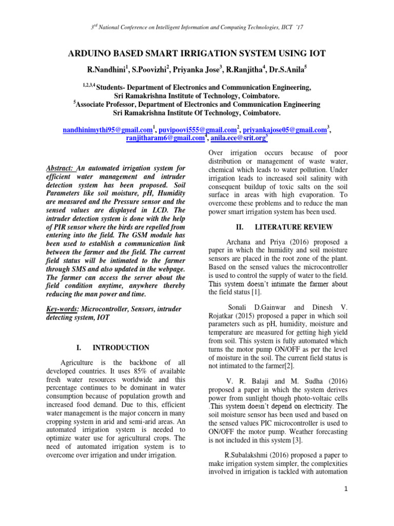 Arduino Based Smart Irrigation System Using Iot Rnandhini Spoovizhi Priyanka Jose R