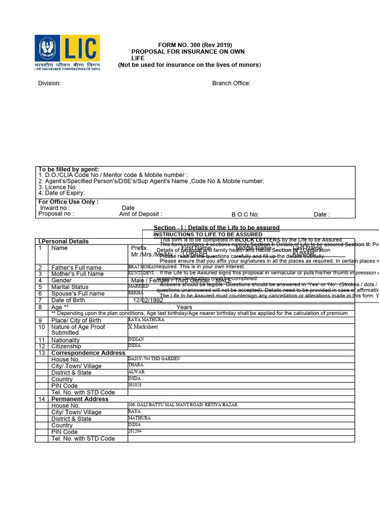 FORM NO. 300 (Rev 2019) Proposal For Insurance On Own Life (Not Be Used For Insurance On The ...