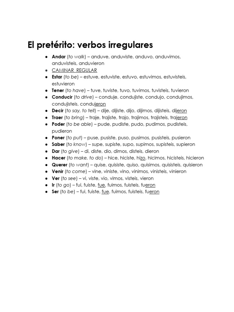 Verbos Irregulares en Pretérito | PDF | Fonética | Morfología