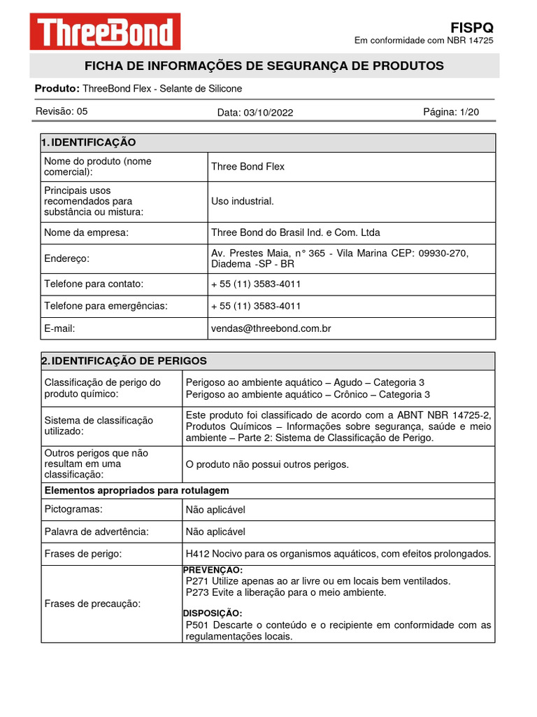 FISPQ - ThreeBond Flex - Selante de Silicone | PDF | Queimadura | Alergia