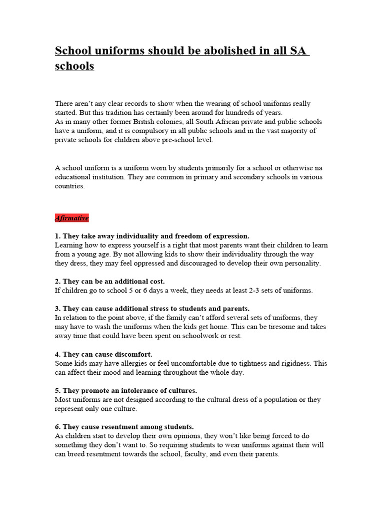 School Uniforms Should Be Abolished in All S.A Schools | PDF | Clothing ...