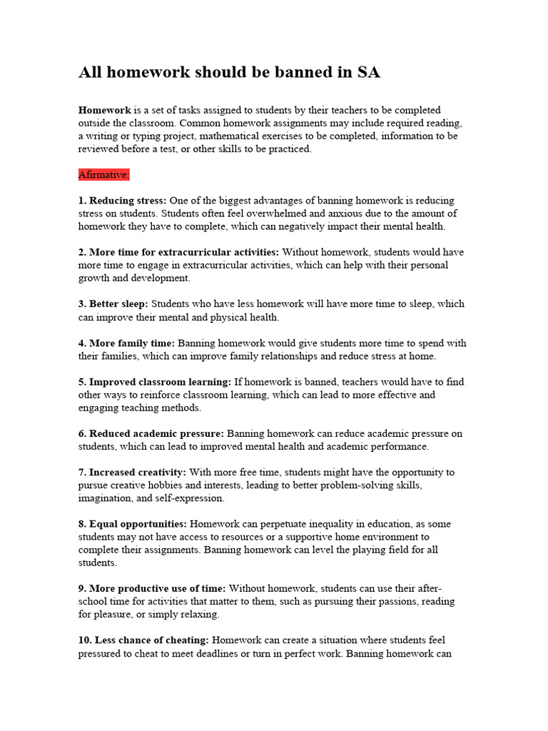 All Homework Should Be Banned in S.A Schools | PDF | Homework ...