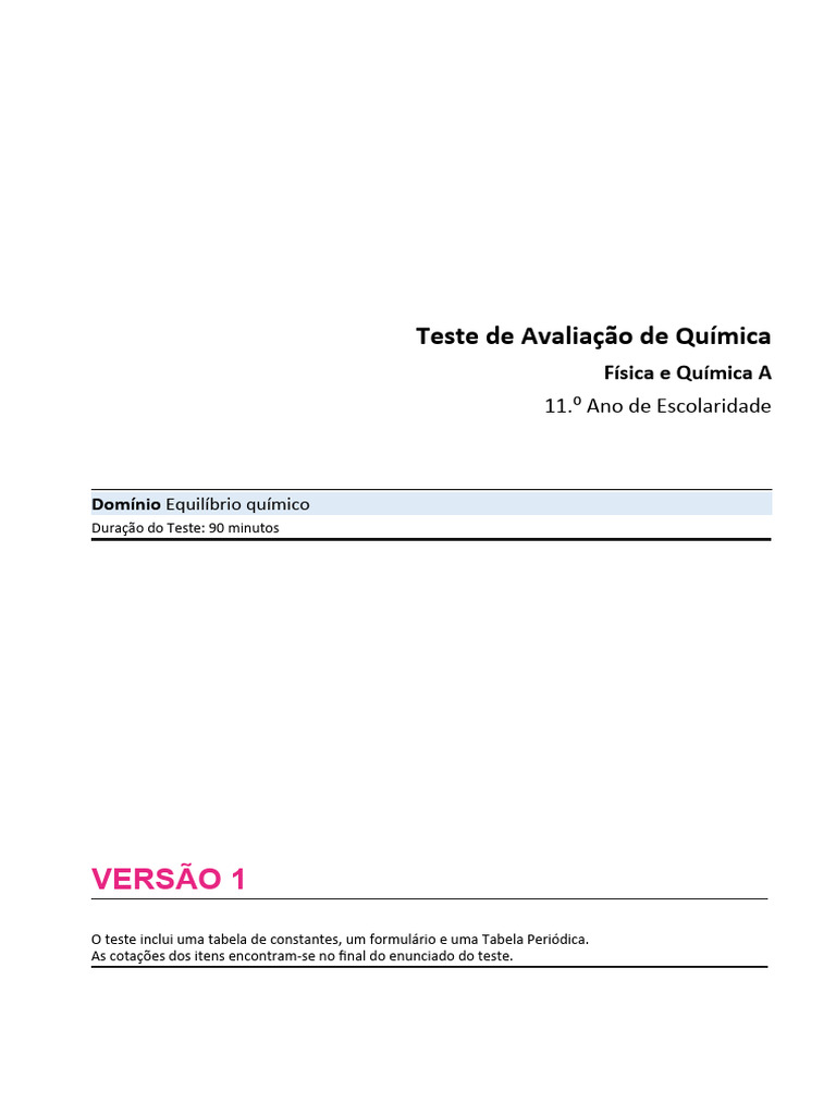 02 Eq11 Teste Aval 1 Equilibrio Quimico v1 | PDF | Equilíbrio químico ...