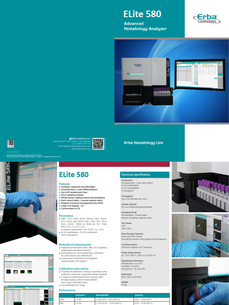 Erba Elite 580 Hematology Analyzer Specs | PDF | Tissue (Biology) | Blood