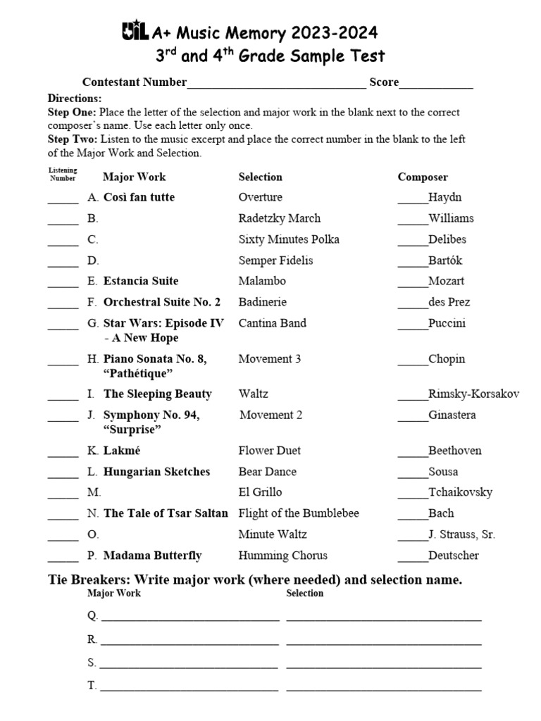 2023 4th Grade Sample Test | PDF | Musical Forms | Classical Music 2023 4th Grade Sample Test | PDF | Musical Forms | Classical Music
