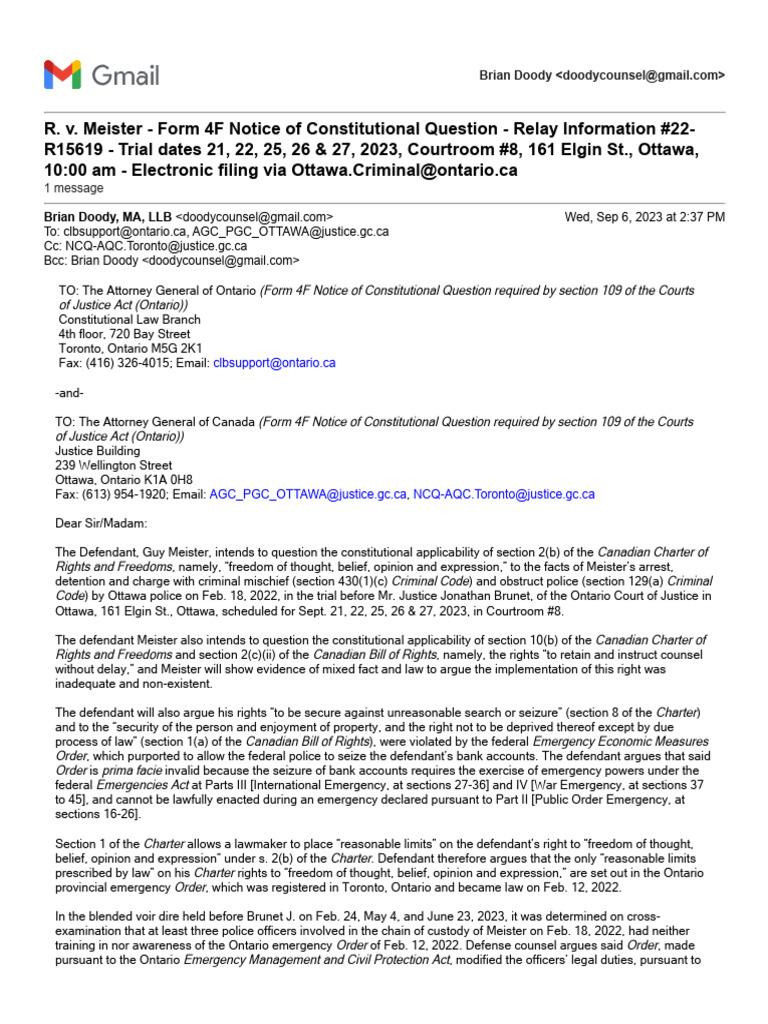 R. v. Meister - Form 4F Notice of Constitutional Question - Relay ...