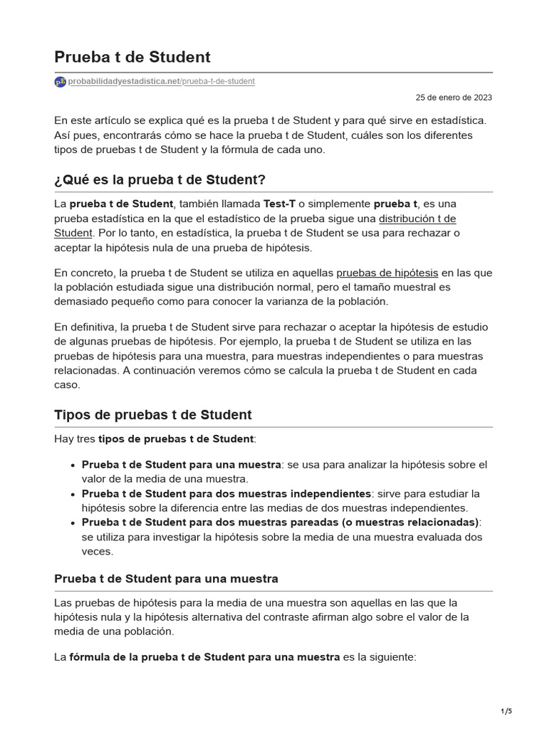 Prueba T de Student | PDF | Prueba T de Student | Probabilidades y ...