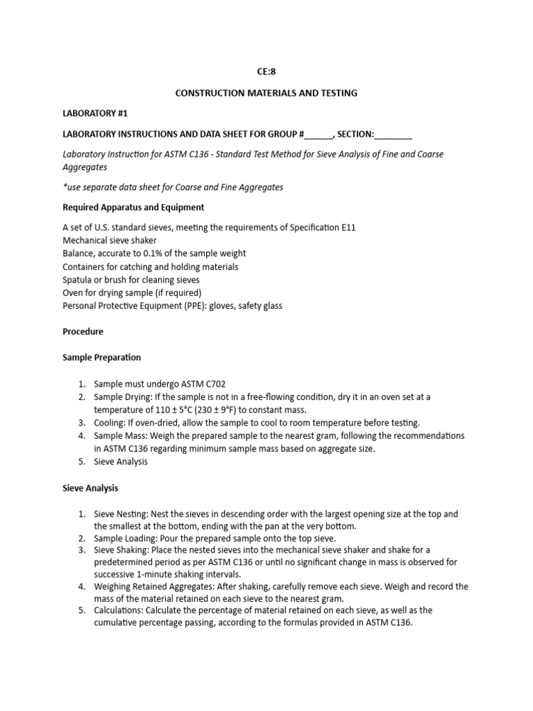 Lab Procedure Astm C136 | PDF | Applied And Interdisciplinary Physics | Physical Sciences