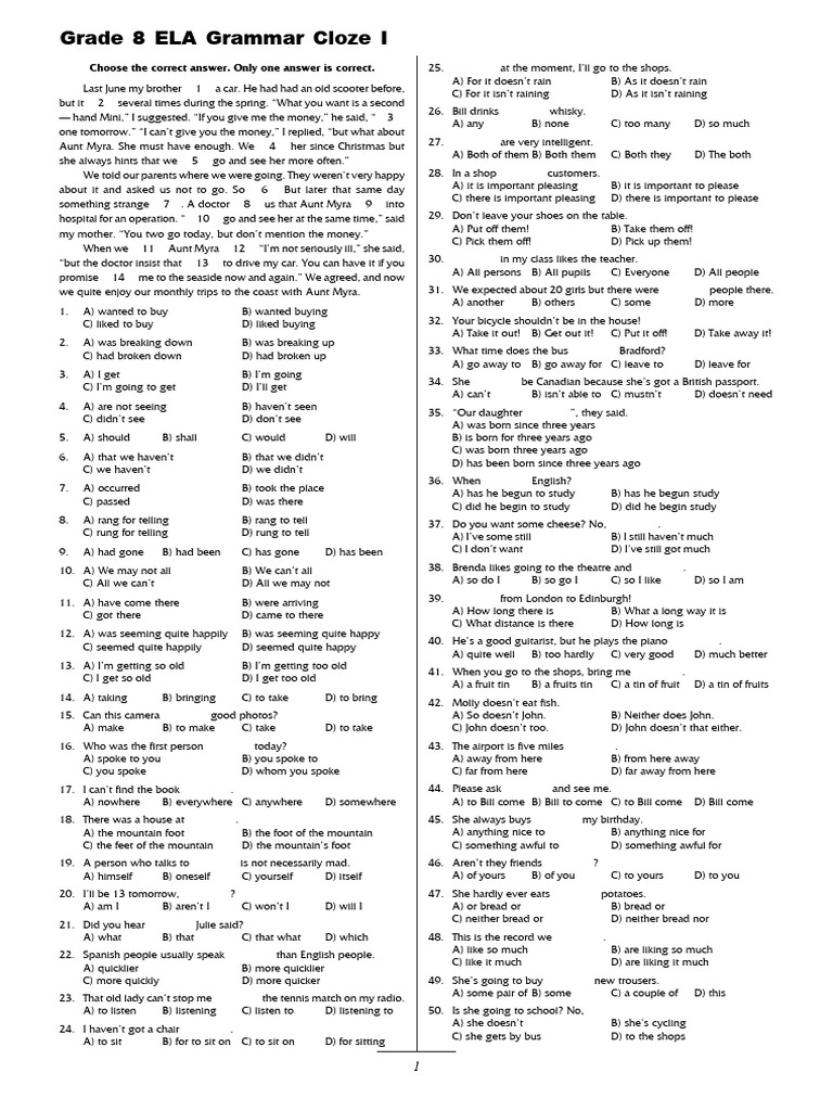 Grade 8 ELA Grammar Cloze I & II | PDF