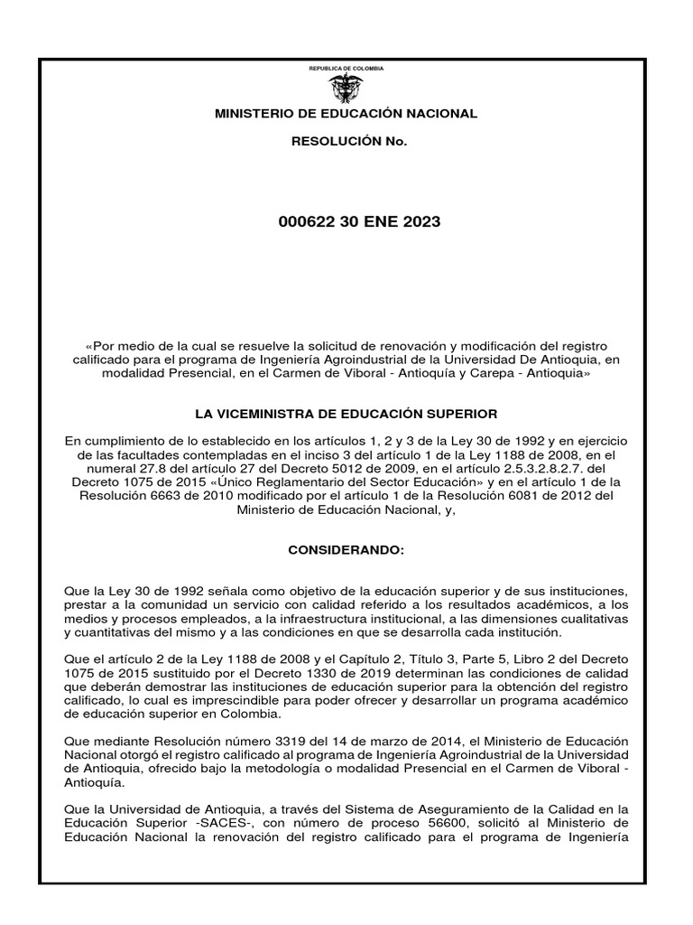 Resol Registro Calificado Ing Agroindustrial Udea Pdf Educación