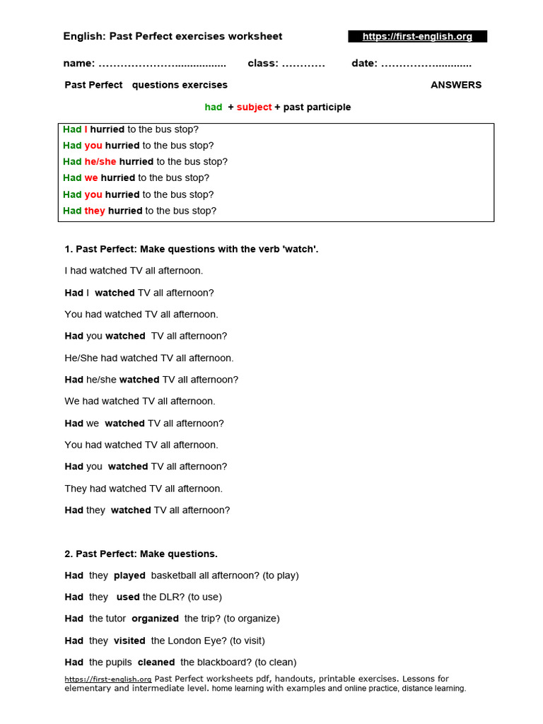 Past Perfect Questions Exercises | PDF | Foreign Language Studies